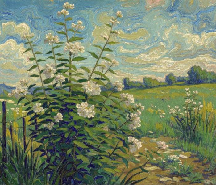 Jasmine Curling on a Picket Fence – Van Gogh Inspired